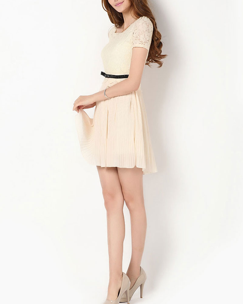 Beige Lace Chiffon Mini Dress - Pleated Mini Dress on Luulla